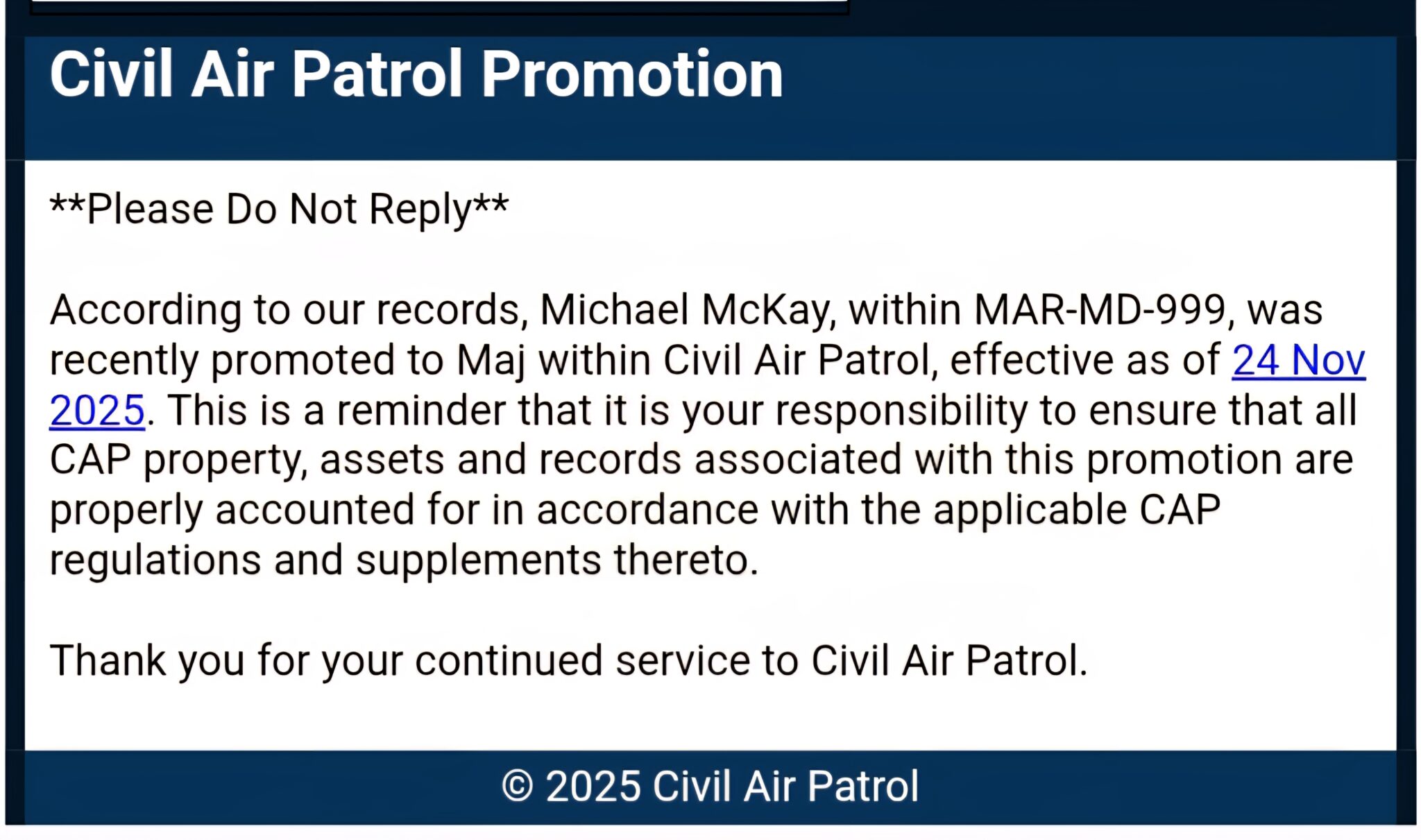 Maryland Wing Civil Air Patrol MAR-MD-999 Promotes Senator Mike McKay ...